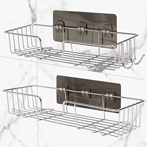 Casaphoria Shower Caddy, Adhesive Shower Organizer with 6 Hooks, Shower Shelf for Inside Shower No Drilling - Rustproof Stainless Steel Shower Rack Wall Mounted, 2 Pack(White Silver)