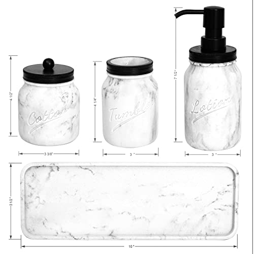 Artfrog Bathroom Accessory Set,Marble Bathroom Accessories,Mason Jar Bathroom Accessory Set, 4 Pcs Bathroom Accessory Set, Marble Look, Include Lotion Dispenser &Tumbler& Cotton Jar&Tray