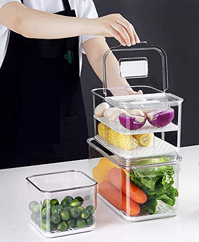 SANNO Vegetable Fruit Storage Containers, Produce Saver Containers Refrigerator Storage Containers Fresh Produce Saver with Lids and Vents,Stackable Salad Lettuce Keeper for Refrigerator