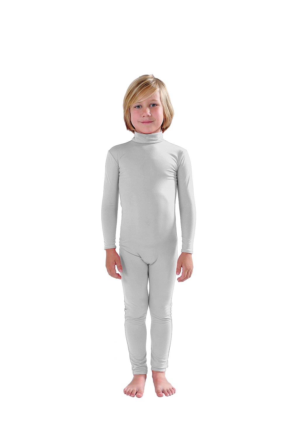 Full Bodysuit Kids Dancewear Without Gloves and Socks Solid Color Spandex Zentai Child Unitard (L, White)