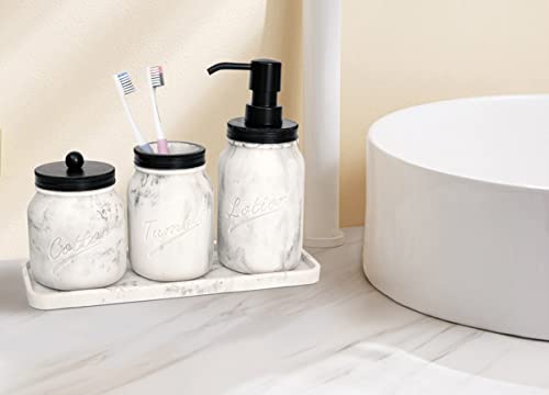 Artfrog Bathroom Accessory Set,Marble Bathroom Accessories,Mason Jar Bathroom Accessory Set, 4 Pcs Bathroom Accessory Set, Marble Look, Include Lotion Dispenser &Tumbler& Cotton Jar&Tray