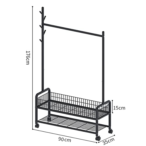 OTBK Rolling Metal Coat Rack Two Shelves Clothing Hooks Garment Rack Organizer with Wheels Bottom Shelves for Clothes Hats Bags (Color : Black)