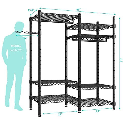 PUNION Wire Garment Rack, Heavy Duty Clothes Rack for Hanging Clothes, Metal Clothing Rack, Compact Freestanding Wardrobe Closet with Shelves Racks
