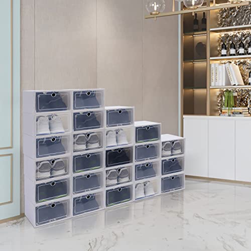 20/24 Pcs Foldable Shoe Box, Plastic Shoe Organizer Box Stackable Drop Front Shoe Box Clear Shoes Storage Boxes for Shoe Organization (24 PCS)