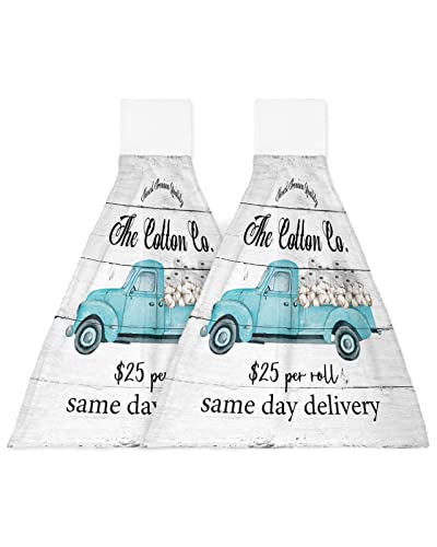 2 PCS Kitchen Hand Towels, Blue Truck Cotton Paper Soft Plush Hanging Tie Towels with Loop for Kitchen Bathroom Dish Cloth Tea Bar Towel Retro Wooden Stripes