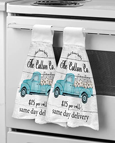 2 PCS Kitchen Hand Towels, Blue Truck Cotton Paper Soft Plush Hanging Tie Towels with Loop for Kitchen Bathroom Dish Cloth Tea Bar Towel Retro Wooden Stripes