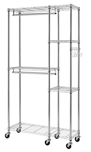 TRINITY EcoStorage Rolling Garment Rack with Shelves Hooks for Clothing Storage for Bedroom, Closet Organization, Entryway, and More, Chrome, 41” W x 14” D x 76” H