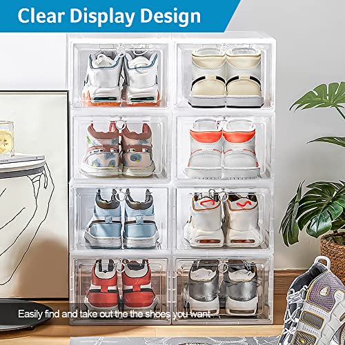 Avarmora Shoe Boxes Clear Plastic Stackable, 8 Pack Drop Front Shoe Box with Magnetic Acrylic Hard Door, XL Shoe Storage Boxes for Display Sneakers, Fit up to US Size 13 (13.6''x 10.6''x 7.7'')