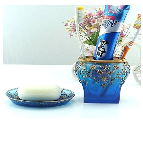 Country Style Resin 5PC Bathroom Accessories Set Soap Dispenser/Toothbrush Holder/Tumbler/Soap Dish (Blue)