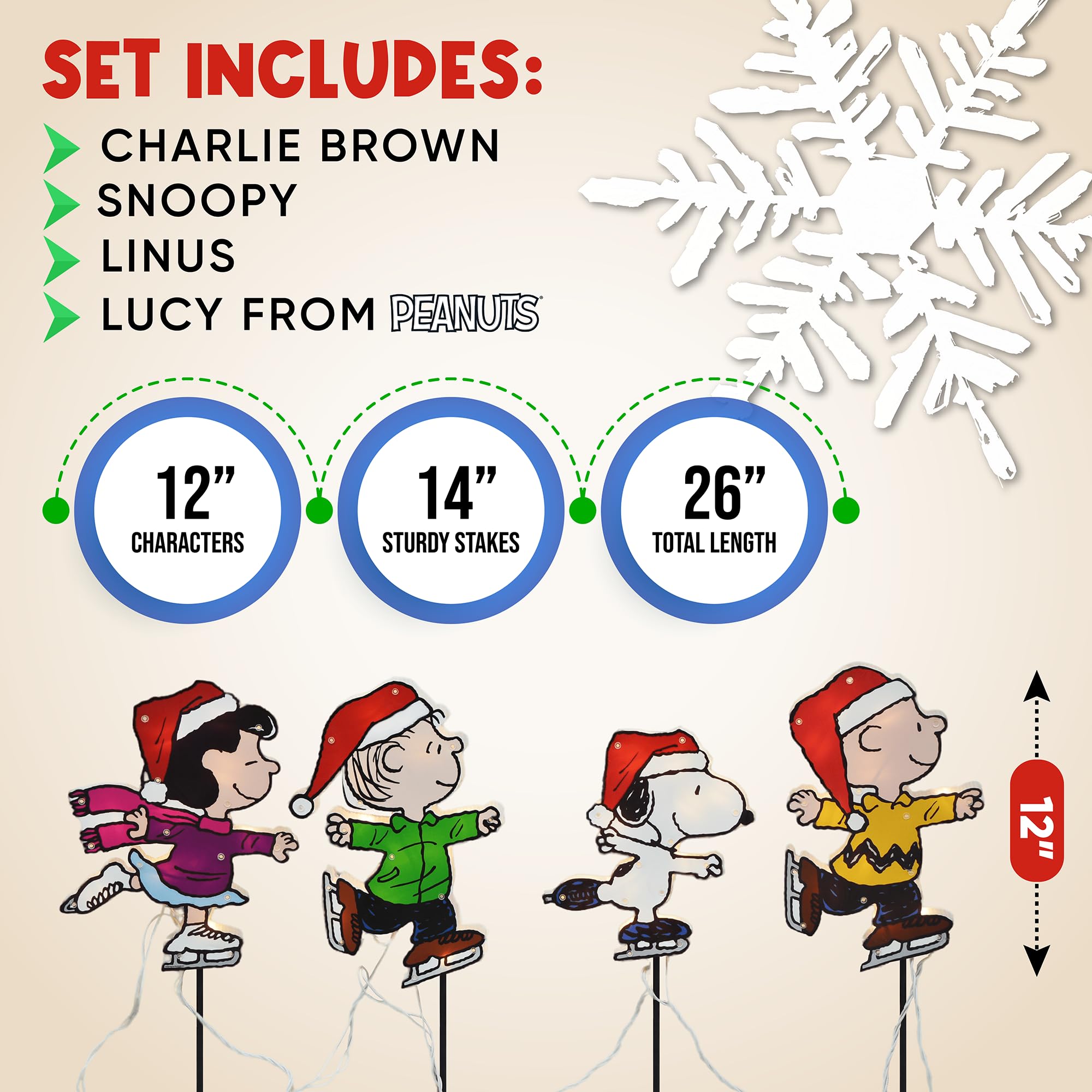 PRODUCTWORKS 12-Inch Peanuts 2D Pre-Lit Yard Art with 40 LED Lights Flat PVC Christmas Pathway Markers with Lucy, Linus, Snoopy and Charlie Brown