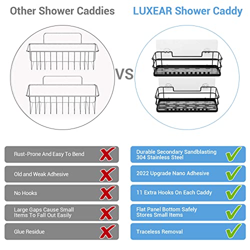 2 Packs Adhesive Shower Caddy with Hooks - No Drilling Rustproof Traceless Stainless Steel Wall Mounted Shower Storage Organizer Shelf Rack Holder for Bathroom Toilet Restroom Kitchen - Matte Black