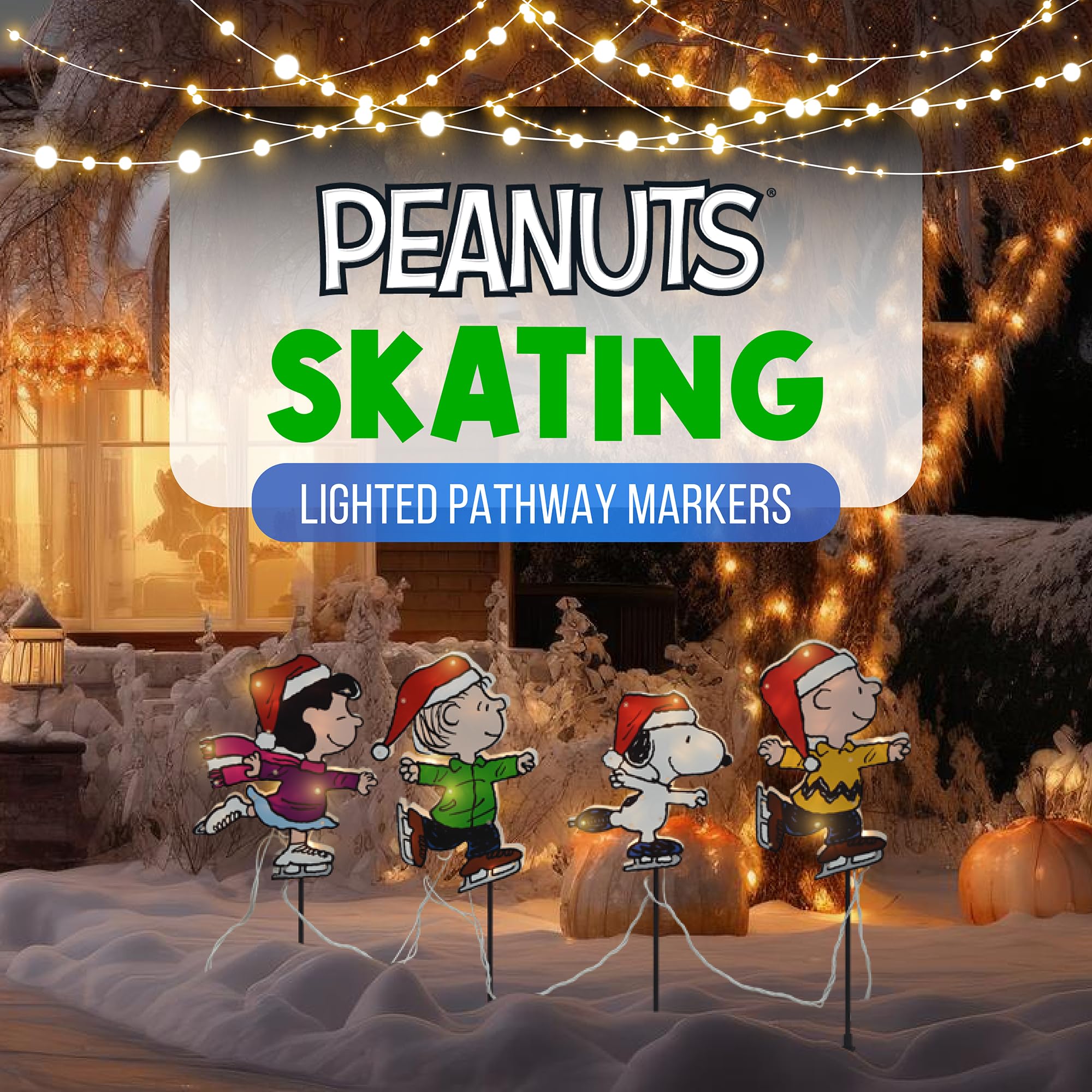 PRODUCTWORKS 12-Inch Peanuts 2D Pre-Lit Yard Art with 40 LED Lights Flat PVC Christmas Pathway Markers with Lucy, Linus, Snoopy and Charlie Brown