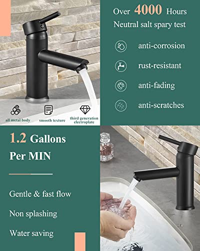 KUZOR Bathroom Faucets 1 or 3 Hole Single Handle Bathroom Sink Faucet Solid Brass Matte Black Bathroom Faucet with Optional Deck Plate 4 Inch Centerset Pop Up Drain and Water Supply Hoses Included