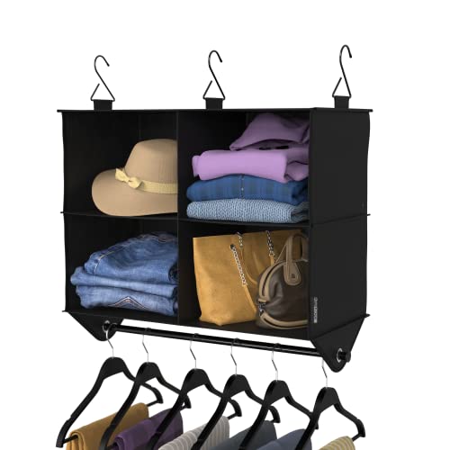 ClosetMaid 4-Shelf Fabric Hanging Closet Organizer with Garment Rod for Shirts, Sweaters, Pants, Hats, Shoes, Purses with Charcoal Black Finish