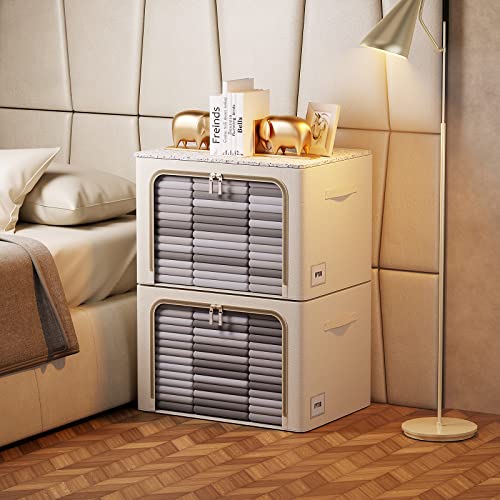 3 Pack Clothes Storage Box - Foldable Stackable Fabric Organizer for Clothing Metal Frame Storage Bins Box with Sturdy Handles and Large Clear Window (66L, Beige)