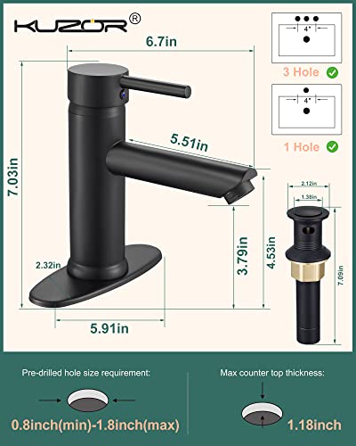 KUZOR Bathroom Faucets 1 or 3 Hole Single Handle Bathroom Sink Faucet Solid Brass Matte Black Bathroom Faucet with Optional Deck Plate 4 Inch Centerset Pop Up Drain and Water Supply Hoses Included