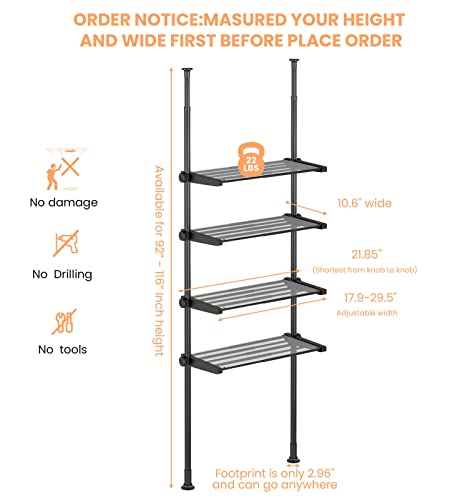 ALLZONE Bathroom Organizer, Over The Toilet Storage, 4-Tier Adjustable Shelves for Small Room, Saver Space, 92 to 116 Inch Tall, Black
