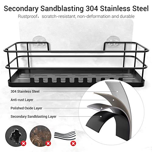 2 Packs Adhesive Shower Caddy with Hooks - No Drilling Rustproof Traceless Stainless Steel Wall Mounted Shower Storage Organizer Shelf Rack Holder for Bathroom Toilet Restroom Kitchen - Matte Black