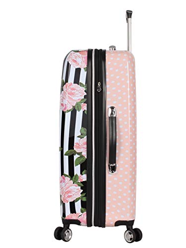 Betsey Johnson 26 Inch Checked Luggage Collection - Expandable Scratch Resistant (ABS + PC) Hardside Suitcase - Designer Lightweight Bag with 8-Rolling Spinner Wheels (Stripe Roses)