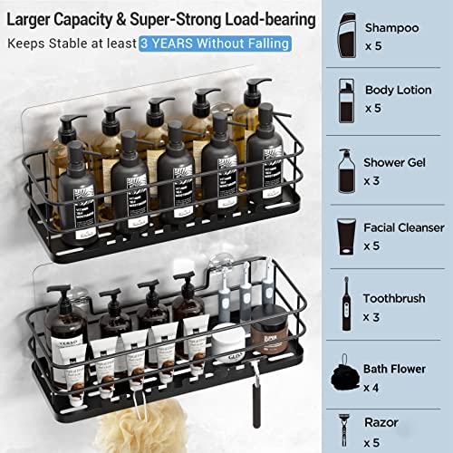 2 Packs Adhesive Shower Caddy with Hooks - No Drilling Rustproof Traceless Stainless Steel Wall Mounted Shower Storage Organizer Shelf Rack Holder for Bathroom Toilet Restroom Kitchen - Matte Black