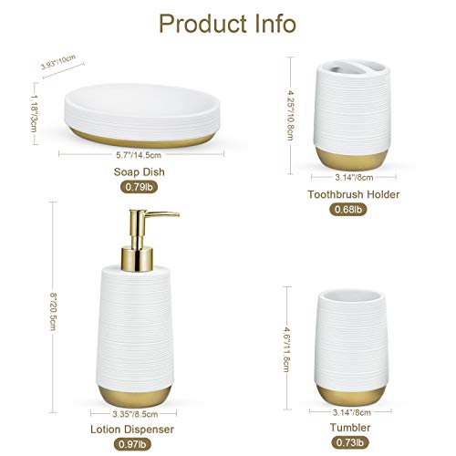 TONIAL Bathroom Accessories Gift Set, Bathroom Decor Set 4 Piece White-Queen Gold with Soap/Lotion Dispenser, Toothbrush Holder, Soap Dish, Tumbler