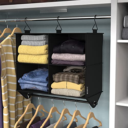 ClosetMaid 4-Shelf Fabric Hanging Closet Organizer with Garment Rod for Shirts, Sweaters, Pants, Hats, Shoes, Purses with Charcoal Black Finish