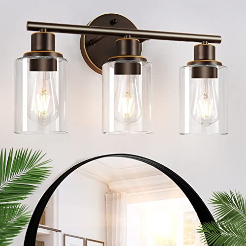 3-Light Bathroom Light Fixtures, Oil Rubbed Bronze Bathroom Wall Lights, Modern Bathroom Vanity Light with Clear Glass Shade, Bathroom Wall Lamp for Mirror Kitchen Bedroom Living Room Hallway Cabinet