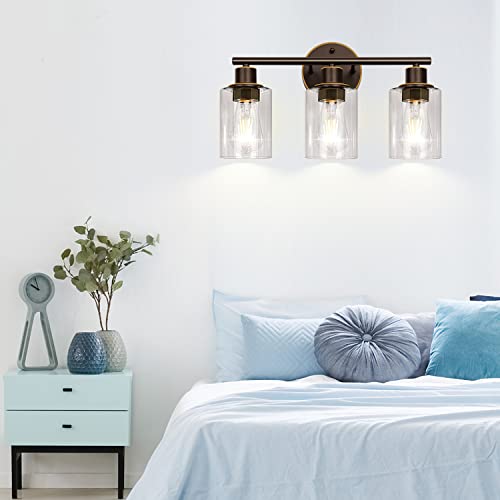 3-Light Bathroom Light Fixtures, Oil Rubbed Bronze Bathroom Wall Lights, Modern Bathroom Vanity Light with Clear Glass Shade, Bathroom Wall Lamp for Mirror Kitchen Bedroom Living Room Hallway Cabinet