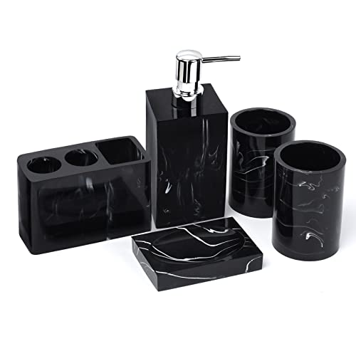 5 Piece Complete Bathroom Accessories Set - Electric Toothbrush Holder, 16.9 oz Dispenser for Liquid Soap or Lotion, Soap Dish, 2 Tumblers, Made of Marble Pattern Resin (Classic Black)