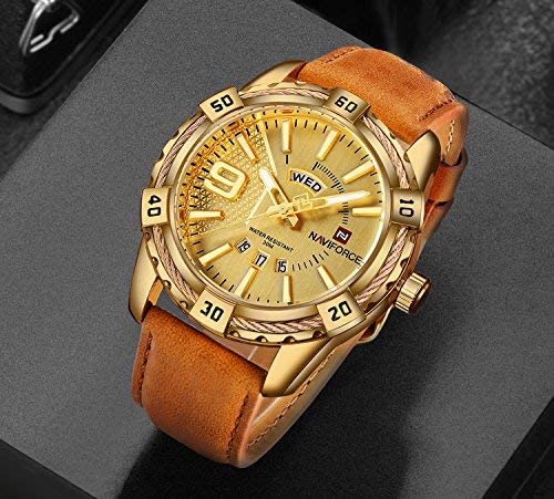 NAVIFORCE Luxury Men Sports Watches Waterproof Quartz Leather Watch Gold Big Face Date Clock