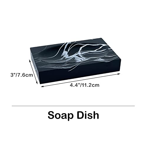 5 Piece Complete Bathroom Accessories Set - Electric Toothbrush Holder, 16.9 oz Dispenser for Liquid Soap or Lotion, Soap Dish, 2 Tumblers, Made of Marble Pattern Resin (Classic Black)