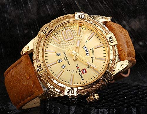 NAVIFORCE Luxury Men Sports Watches Waterproof Quartz Leather Watch Gold Big Face Date Clock