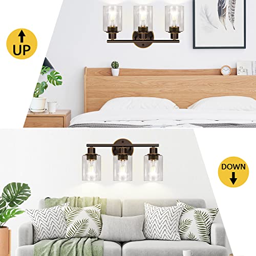 3-Light Bathroom Light Fixtures, Oil Rubbed Bronze Bathroom Wall Lights, Modern Bathroom Vanity Light with Clear Glass Shade, Bathroom Wall Lamp for Mirror Kitchen Bedroom Living Room Hallway Cabinet
