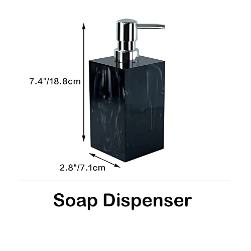 5 Piece Complete Bathroom Accessories Set - Electric Toothbrush Holder, 16.9 oz Dispenser for Liquid Soap or Lotion, Soap Dish, 2 Tumblers, Made of Marble Pattern Resin (Classic Black)