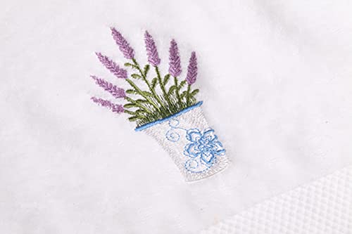 Quera 2 Pack Lavender Hand Towels 100 Percent Cotton Embroidered Premium Luxury Decor Bathroom Decorative Dish Set for Drying, Cleaning, Cooking, 13.7'' x 29.5'', White,Purple