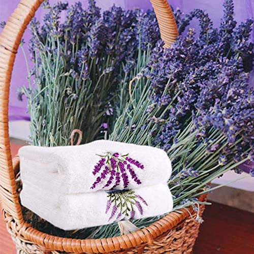 Quera 2 Pack Lavender Hand Towels 100 Percent Cotton Embroidered Premium Luxury Decor Bathroom Decorative Dish Set for Drying, Cleaning, Cooking, 13.7'' x 29.5'', White,Purple