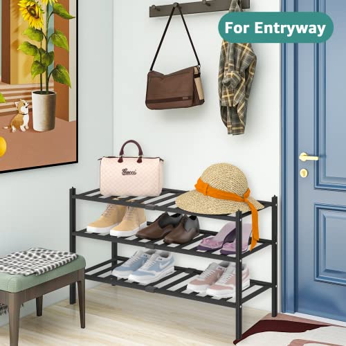 Goramio 3 Tier Bamboo Shoe Rack - Sturdy Shoe Rack for Entryway, Closet, Hallway, Living Room - Free Standing Small Shoe Shelf - Premium Stackable Shoe Storage Organizer - 27''×11''×18'' - Black
