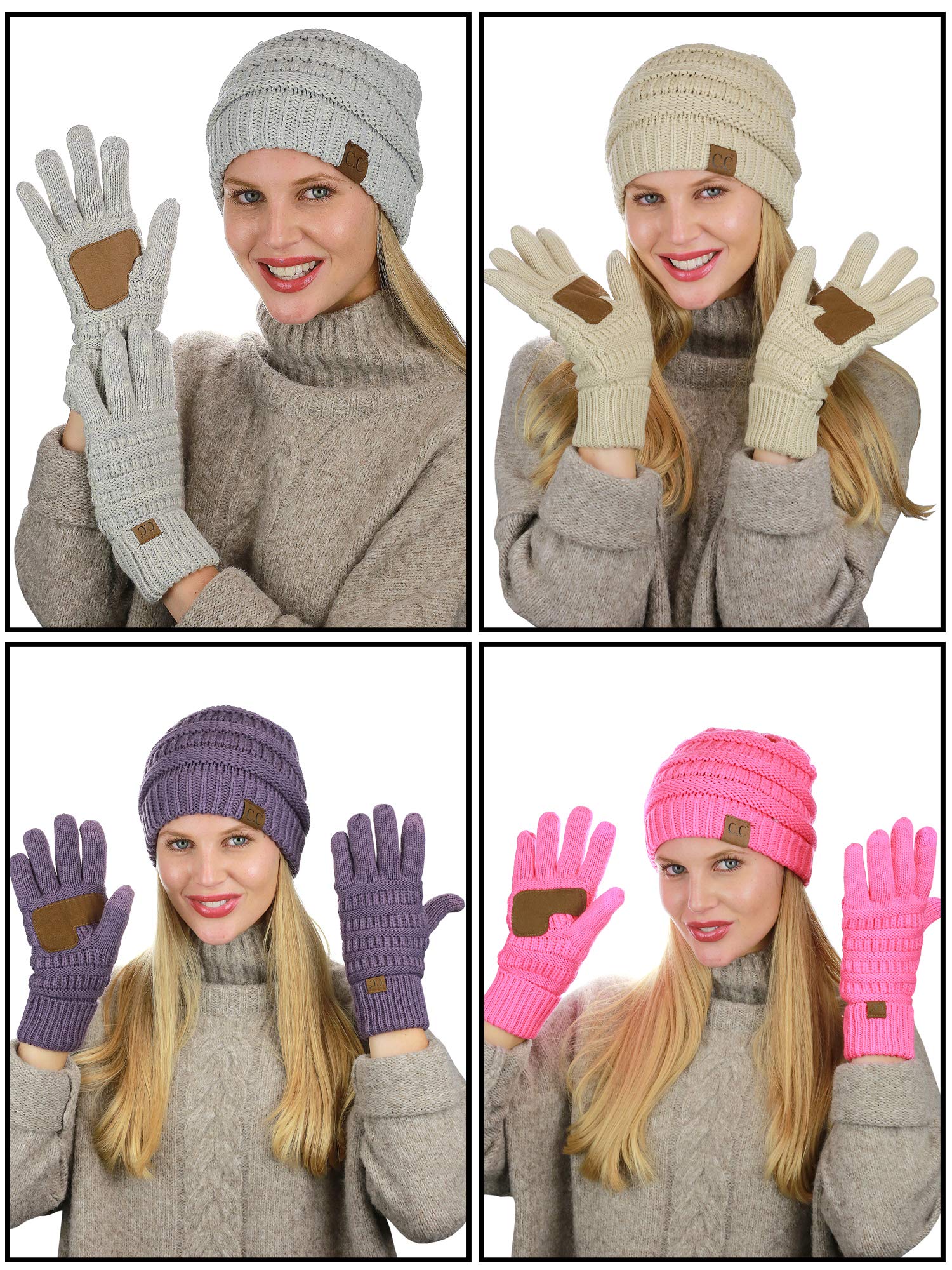 C.C Unisex Soft Stretch Cable Knit Beanie and Anti-Slip Touchscreen Gloves 2 Pc Set, Violet