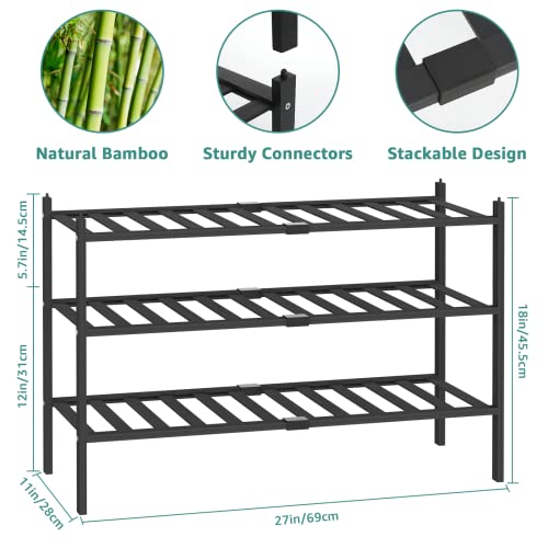 Goramio 3 Tier Bamboo Shoe Rack - Sturdy Shoe Rack for Entryway, Closet, Hallway, Living Room - Free Standing Small Shoe Shelf - Premium Stackable Shoe Storage Organizer - 27''×11''×18'' - Black