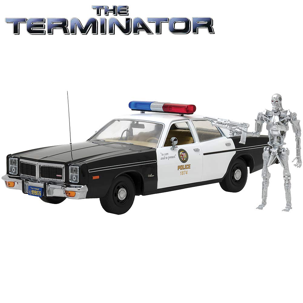 1977 Dodge Monaco Metropolitan Police with T-800 Endoskeleton Figure The Terminator (1984) Movie 1/18 Diecast Model Car by Greenlight 19042