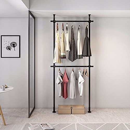 Goudergo Clothing Garment Rack Double rod type,Metal portable coat rack freestanding,Black Extendable coat racks for hanging clothes,Stainless Steel,up to 260lbs