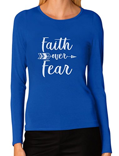 Faith Over Fear Shirts for Women Gifts for Christians Women Long Sleeve Tshirt Medium Blue