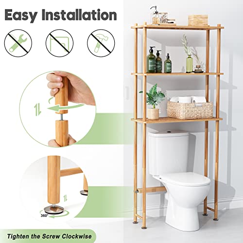 AmazerBath Over The Toilet Storage Shelf Bamboo, 3-Tier Over Toilet Organizer Rack, Freestanding Above Toilet Shelf for Bathroom, Laundry, Space Saver, Natural Color