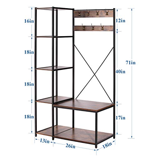 VECELO Coat Rack Shoe Bench,Hall Tree with 7 Hooks Entryway Storage 4-Tier Shelves and 1-Tier Shoe Shelf,Wood Look Accent Furniture Metal Frame,4 in 1 Design, Easy Assembly,Brown