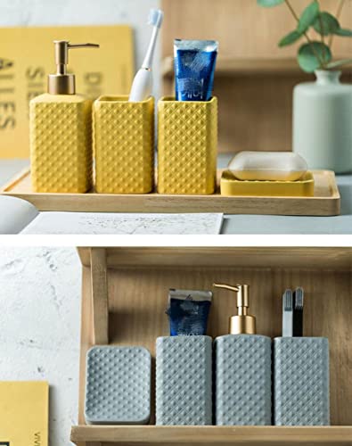 Bathroom Accessories Set Ceramic Soap Dispenser Toothbrush Holder Bathroom Tumbler Soap Dish Bathroom Decor Vibrant Modern Bathroom Set (Yellow 4-Piece Suit)