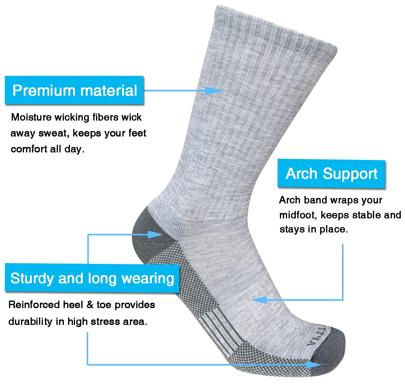 APTYID Men's Moisture Wicking Cushioned Crew Work Boot Socks, Size 9-12, Grey, 6 Pairs