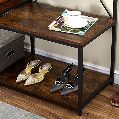 VECELO Coat Rack Shoe Bench,Hall Tree with 7 Hooks Entryway Storage 4-Tier Shelves and 1-Tier Shoe Shelf,Wood Look Accent Furniture Metal Frame,4 in 1 Design, Easy Assembly,Brown