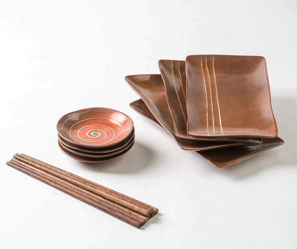 Pangu 12-Piece Japanese Style Sushi Plate Set, Dinnerware Set, Kage(Shadow), Brown, Service for 4