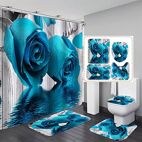 Byitre 4PCS Flower Shower Curtain Set with Non-Slip Rugs, Toilet Lid Cover and Bath Mat, Shower Curtain with 21 Hooks, Bathroom Sets with Shower Curtain and Rugs and Accessories, 71'' x 71'', QY006-9
