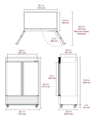 Kratos Commercial Refrigerator - 2 Glass Door Reach-in Dispaly Refrigerator, 54" W, 49 Cu Ft (69K-761)